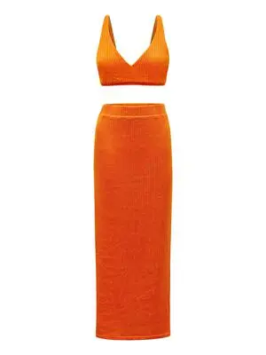 WHY MARY Why Mary "Arancia" Ribbed Knit Crop Top And Maxi Pencil Skirt Set Orange