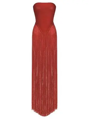 DECOLET THE LABEL Scarlet Fringe Bodysuit Gown - Red