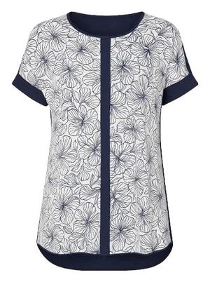 CONQUISTA Short Sleeve Paneled Floral Top - Blue