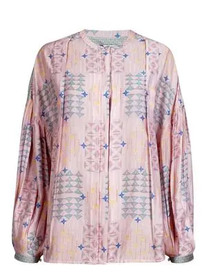 MAISON QALA Box Pleat Blouse With Geometric Print And Balloon Sleeves - Pink