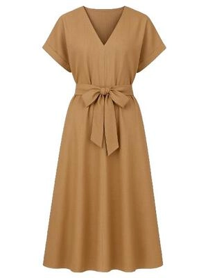 CONQUISTA Beige Linen Style Belted Midi Dress - Brown