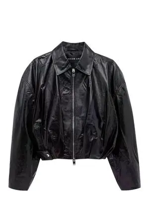 JACOB LEE Leather Bomber Jacket - Black