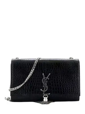 Saint Laurent Monogram Tassel Crocodile Embossed Leather Medium Crossbody Bag - Black