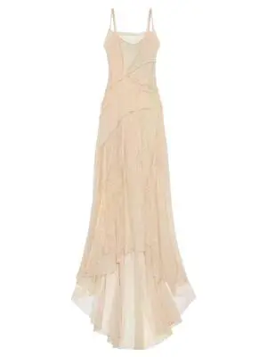 Blumarine Maxi Dress With Patchwork Lace And Asymmetric Hem - Neutrals