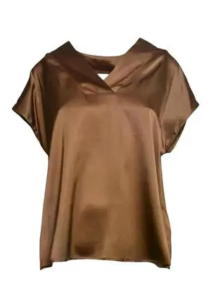 SOLOTRE Satin Finish V-neck Blouse - Brown