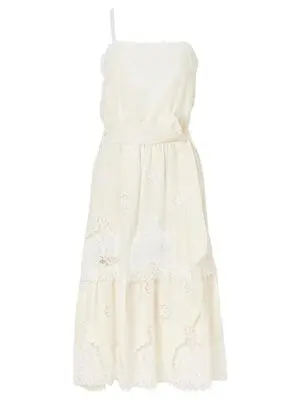 Miguelina Esme Guipure Lace Trimmed Cotton-blend Midi Dress - Neutrals