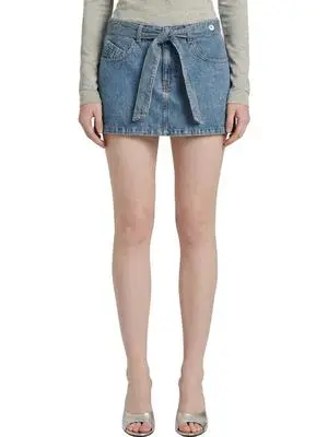 Attico Denim Mini Skirt With Tie Belt - Blue