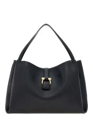 FERRAGAMO Mia Calfskin Shoulder Bag With Gancini Logo - Black