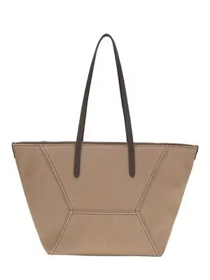 Brunello Cucinelli Cotton Tote Bag With Double Leather Handles - Camel