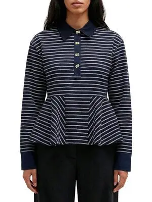 GANNI Striped Cotton Polo Shirt - Sky