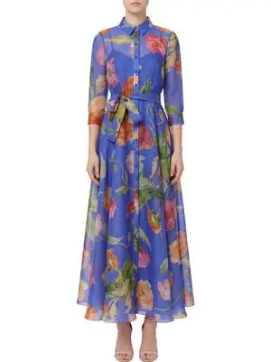 Carolina Herrera Floral Silk Midi Shirt Dress - Blue