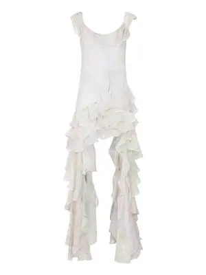 Elisabetta Franchi Georgette Dress With Feather Print And Ruffle Accents - Neutrals