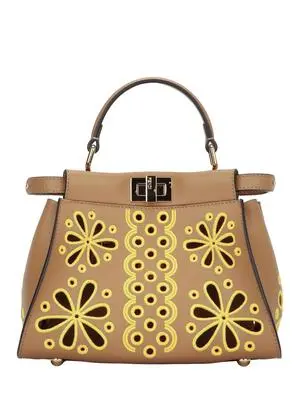 Fendi Peekaboo Floral Mini Tote Handbag - Burnt