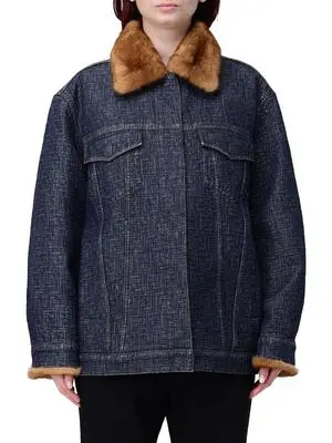 Fendi Denim Jacket With Fur Collar And Cuffs - Blue