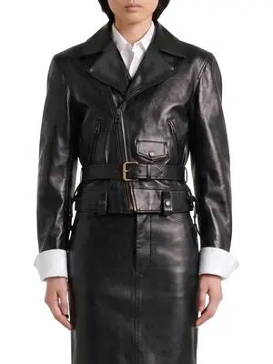 Saint Laurent Slim Fit Belted Calfskin Biker Jacket - Brown