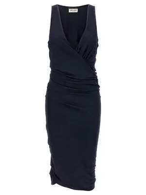 Saint Laurent Sleeveless Ruched Midi Dress - Blue