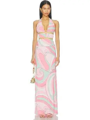 RUNAWAY THE LABEL Halter Low Plunge Maxi Dress - Multi
