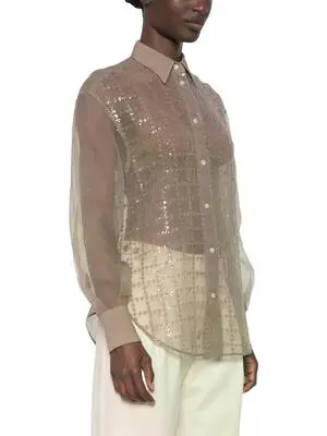 Brunello Cucinelli Sequin Embellished Semi-sheer Shirt - Brown