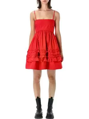 GANNI Cotton Dress With Frill Detailing - Red