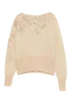 Ermanno Scervino Cashmere Sweater With Sequin And Lace Embellishments - Neutrals