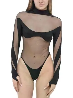 MUGLER Sheer Bodysuit With Silver-tone Logo - Black