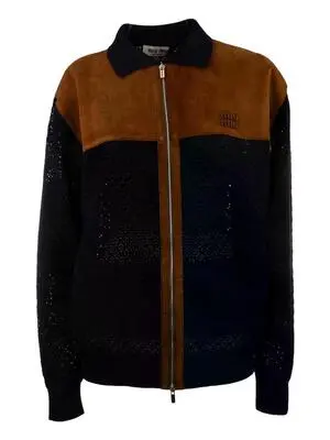Miu Miu Suede-panel Crochet-knit Cardigan - Blue