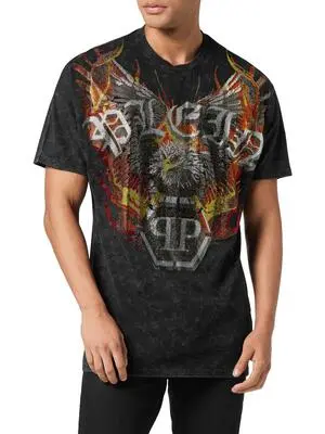 Philipp Plein Graphic Print Cotton T-shirt With Rhinestone Embroidery - Black