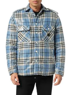 Philipp Plein Tartan Shirt Jacket With Sequin Embroidery And Epaulets Turquoise