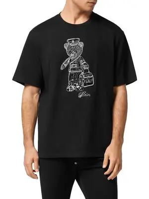 Philipp Plein Teddy Bear Embroidered Cotton T-shirt With Appliqués - Black