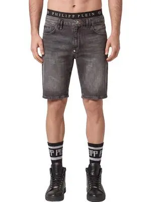 Philipp Plein Five-pocket Cotton Denim Shorts With Hexagon Logo - Grey