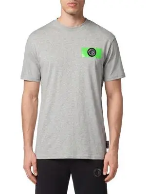 PLEIN SPORT Short-sleeved Cotton T-shirt With Contrasting Printed Logo - Grey