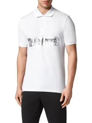 PLEIN SPORT Slim Fit Cotton Polo Shirt With Laminated Hexagon Logo - White