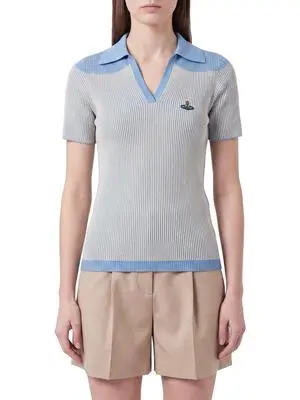 VIVIENNE WESTWOOD Striped Ribbed-knit Polo With V-neck And Orb Logo - Blue