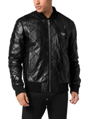 Philipp Plein Quilted Leather Bomber Jacket With Zip Closure And Applied Logo Black 1