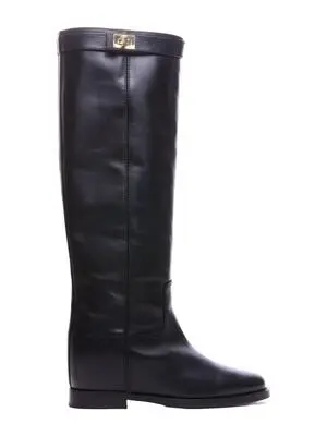 VIA ROMA 15 Knee-high Smooth Leather Wedge Boots With Strap Detail - Black