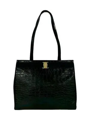 FERRAGAMO Croc Embossed Leather Vara Tote Bag - Black