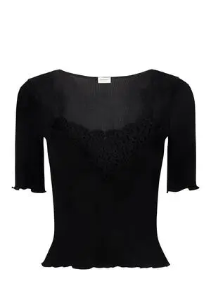 Saint Laurent Guipure Lace-trimmed Ribbed Silk T-shirt - Black