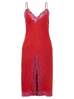 Saint Laurent Lace-trimmed Silk-satin Midi Dress - Red