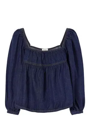 Saint Laurent Gathered Denim Blouse - Blue