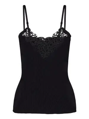Saint Laurent Lace-trimmed Ribbed Silk Tank - Black