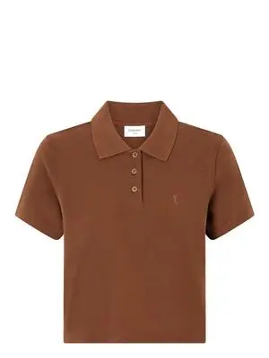 Saint Laurent Cassandre Embroidered Cropped Cotton-piqué Polo Shirt - Brown
