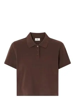 Saint Laurent Cassandre Embroidered Cropped Cotton-piqué Polo Shirt - Brown