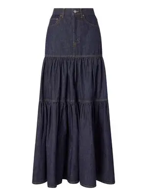 Saint Laurent Tiered Denim Maxi Skirt - Blue