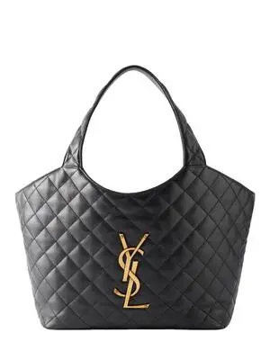 Saint Laurent Icare Logo-embellished Medium Matelassé Leather Tote - Black