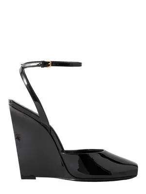 Saint Laurent La Scandale Patent-leather Wedge Sandals - Black