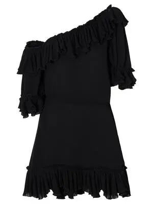 Saint Laurent Off-the-shoulder Ruffled Silk-crêpon Dress - Black