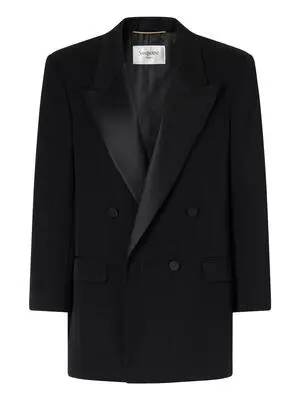 Saint Laurent Double-breasted Satin-trimmed Grain De Poudre Wool Blazer - Black