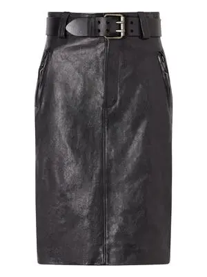 Saint Laurent Belted Textured Leather Midi Skirt - Black