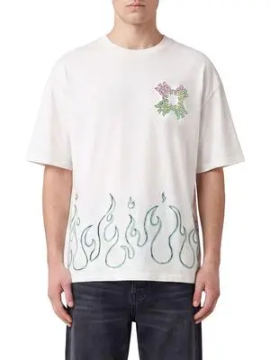 Amiri Cotton T-shirt With Flame Monogram Print And Dropped Shoulders - Ivory