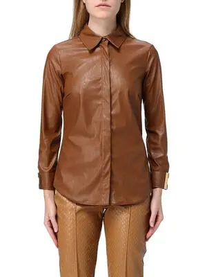 Elisabetta Franchi Faux Leather Shirt With Logo Detail Cuffs - Brown